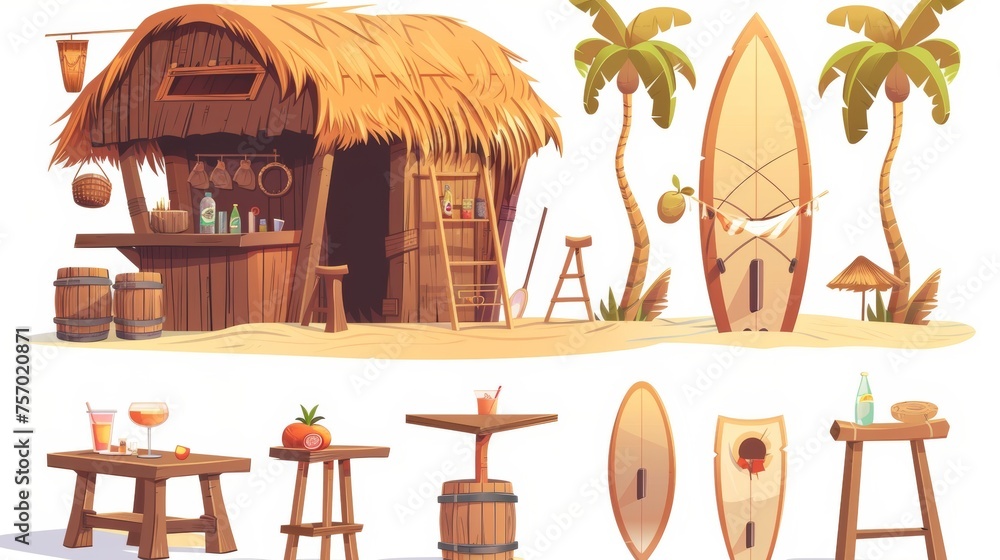 The beach tiki bar is surrounded by a standing surfboard and is ...