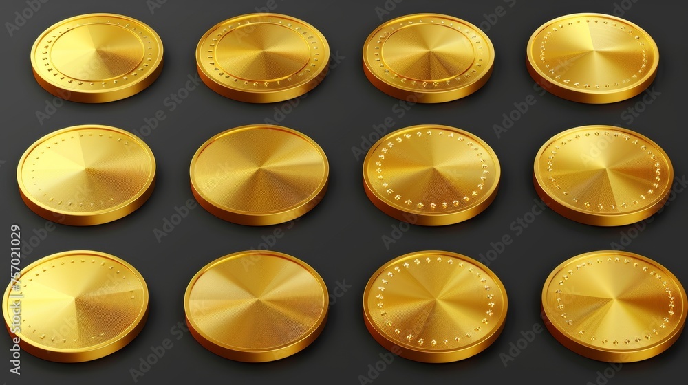 Three dimensional gold coin with different rotation angles. Set of ...