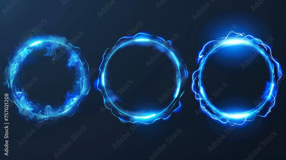 A set of blue circle borders isolated on a transparent background. A ...