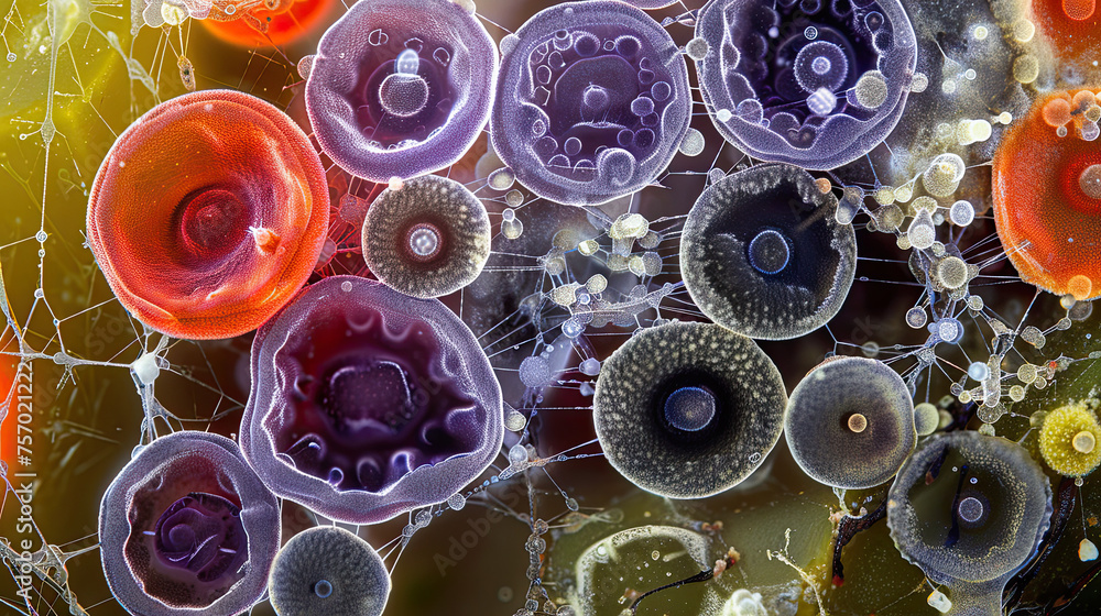 Microscopic view of colorful mold spores on decaying fruit, depicting ...