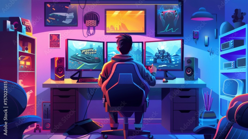 A young man playing video game on his computer. Cartoon image of a room ...