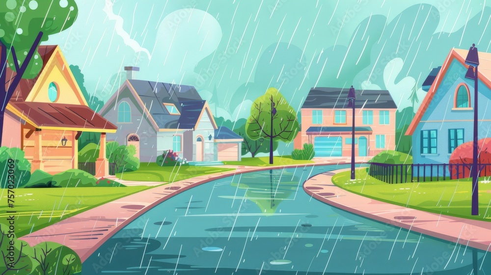 Cartoon modern illustration of suburban landscape with a private family ...