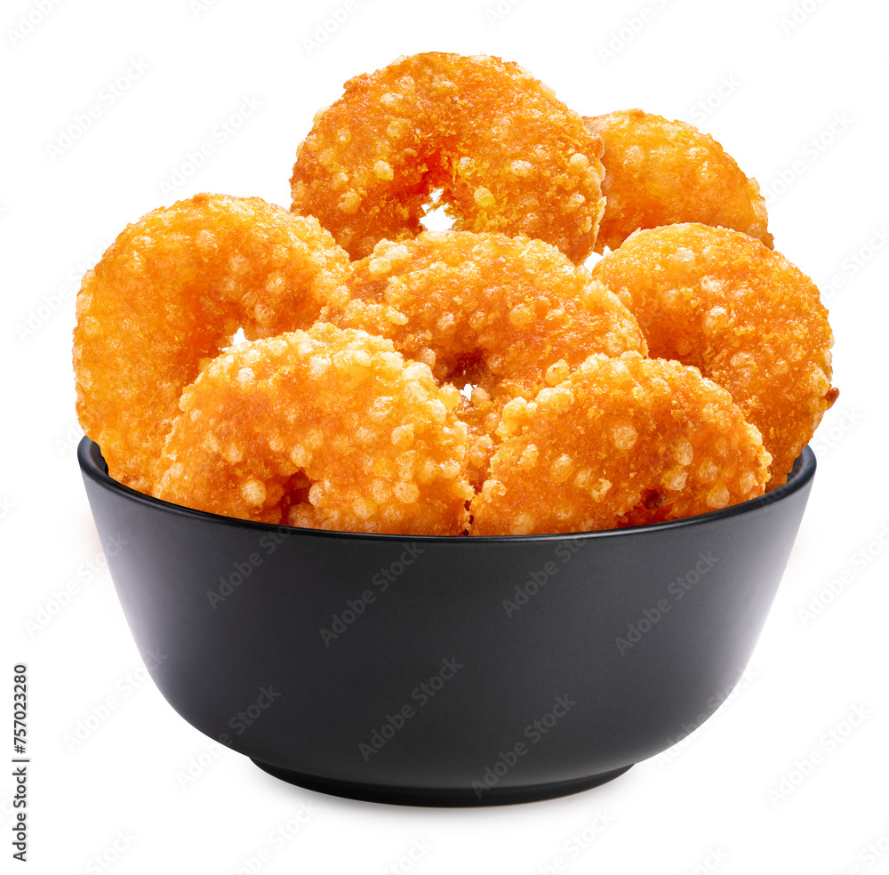 Fried Fish donuts in black bolw isolated on white, Fried fish donuts ...