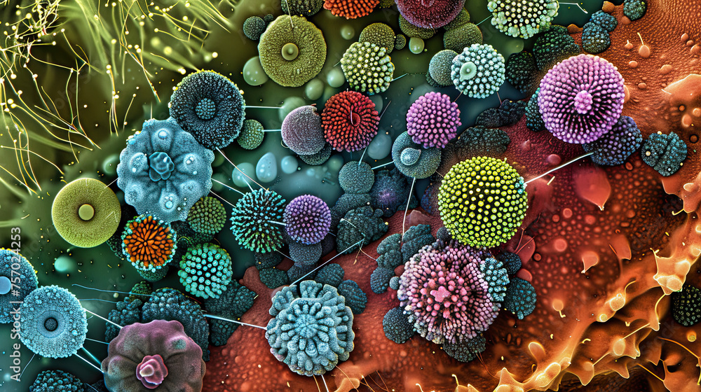 A vivid microscopic view showing a variety of mold spores flourishing ...