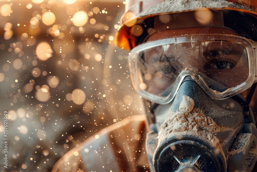Professional construction worker wearing a high quality dust mask ...