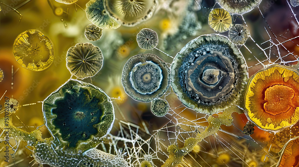 Microscopic capture of mold spores thriving on decomposing fruit, a ...