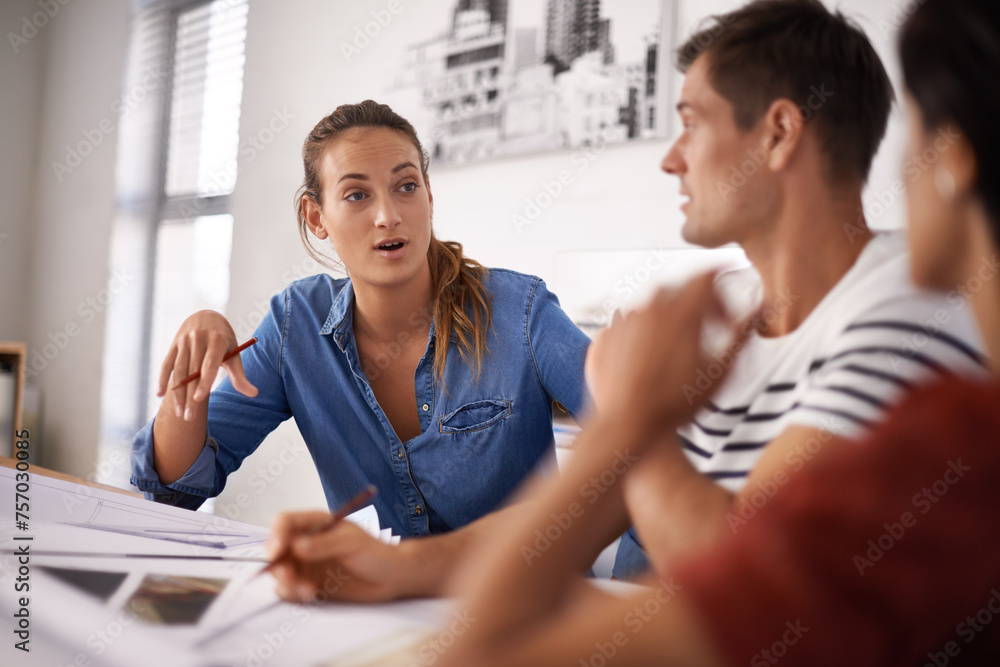 Group, discussion and architects planning with woman in meeting for ...