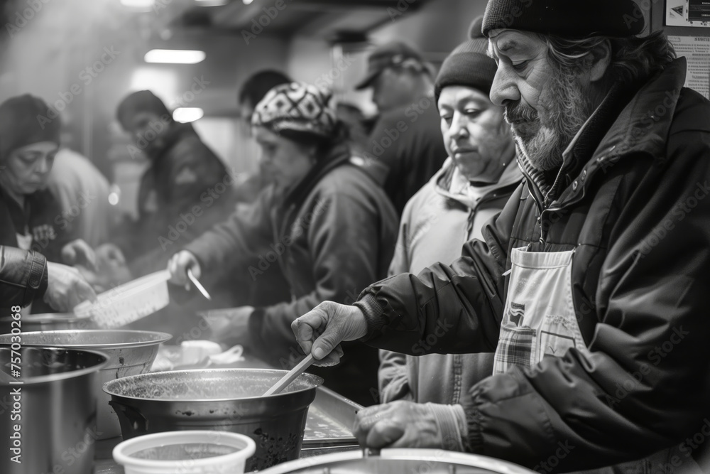 man serves homeless people with free hot meal in shelter dining hall ...