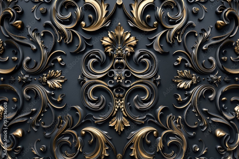 Baroque style 3D wallpaper design with gold and black floral patterns ...
