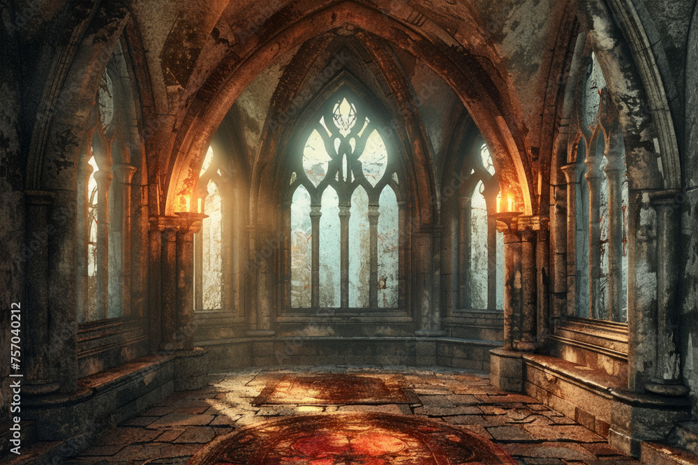 Mystical gothic castle interior with stained glass window and ...