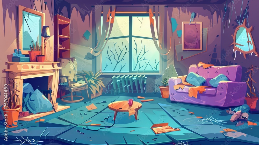 The living room of a disused and abandoned house with broken furniture ...