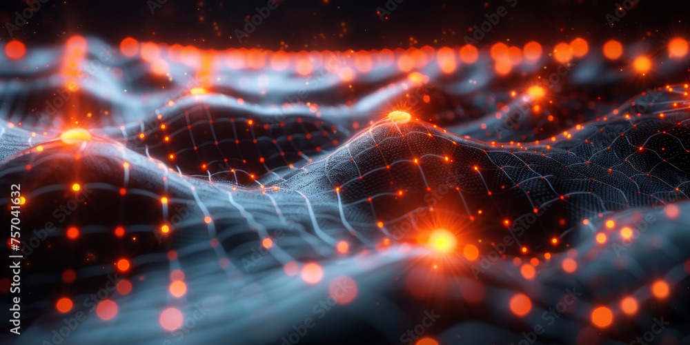 ภาพประกอบสต็อก 3D render of glowing network connections and neural ...
