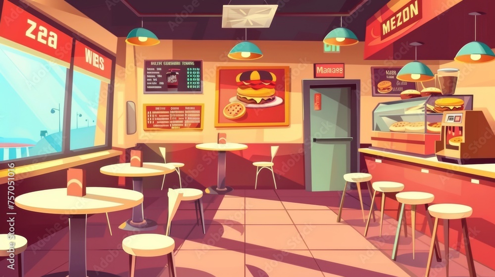 An interior of a fast food and pizza restaurant. Modern cartoon ...
