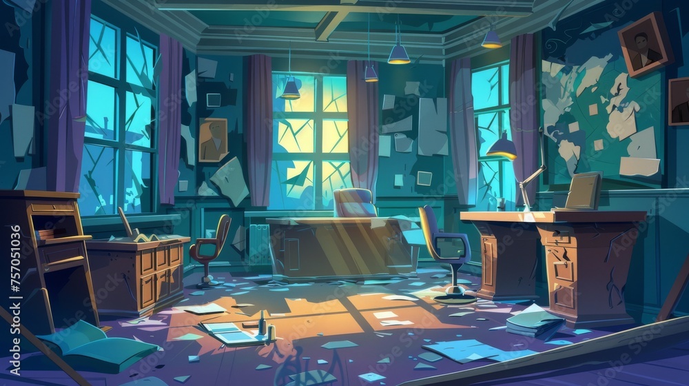 In a cartoon the interior of a ruined police office appears abandoned ...