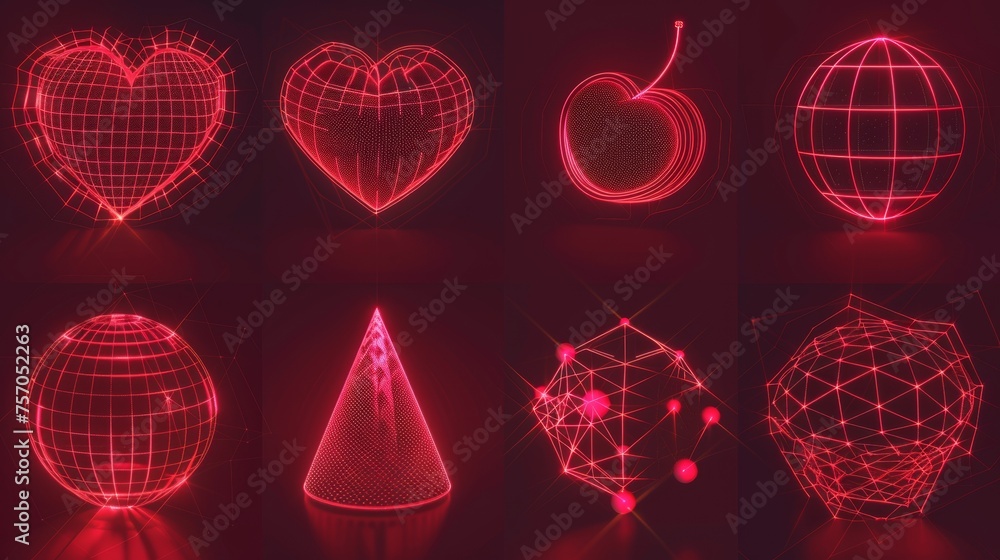 A set of abstract red wireframe shapes isolated on a white background ...