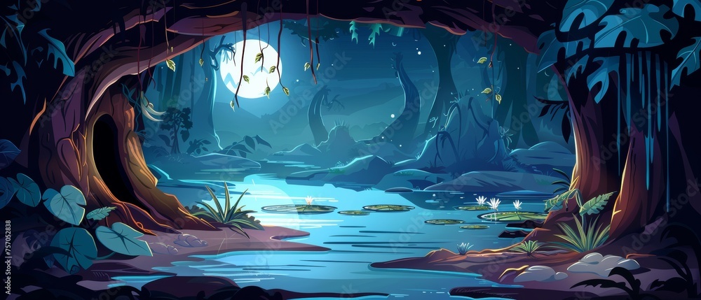 From inside a cave, we see a dark night forest with swamp under the ...