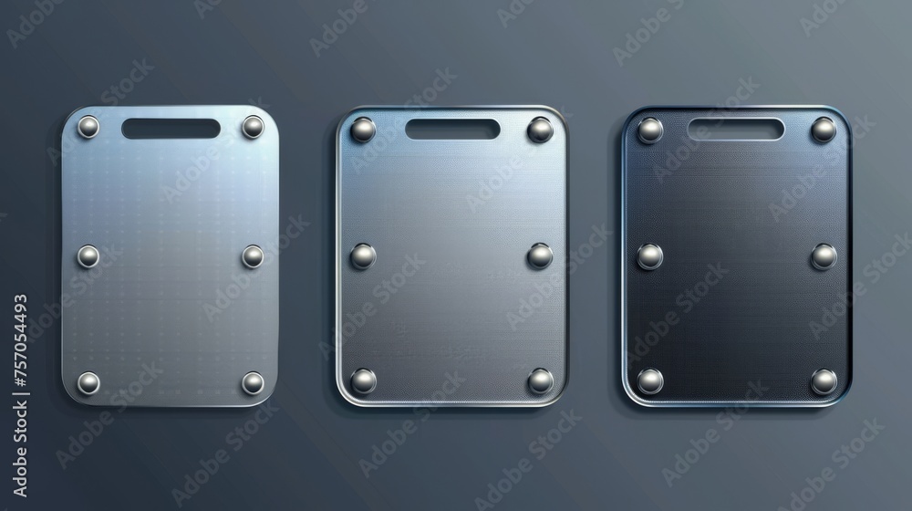 An empty metal board with borders and screws. Silver plaque or ...