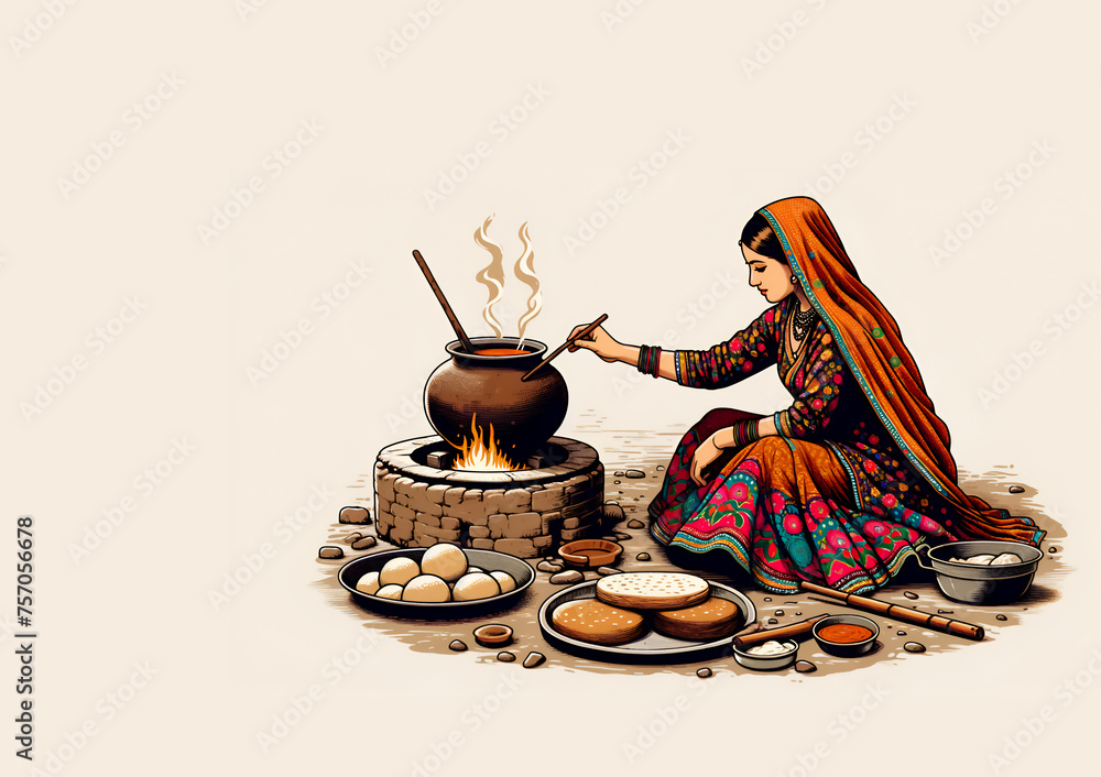 Village Woman Cooking on Mud Stove in Digital Art, Digital Illustration ...