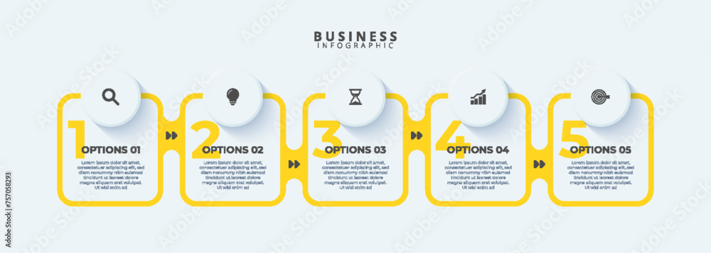 Design template for vector infographic labels with icons and 5 options ...