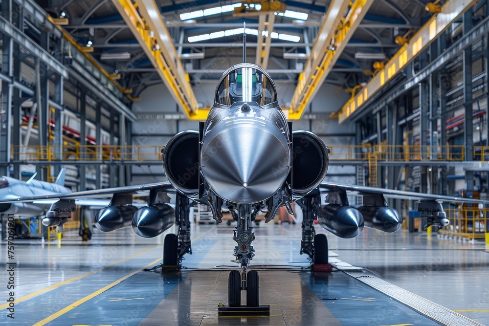 Front view of a fighter jet in an aircraft maintenance hangar with ...