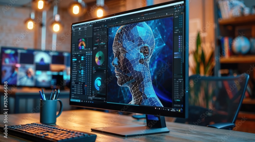 A creative workspace showing a graphic designer's monitor with a 3D ...