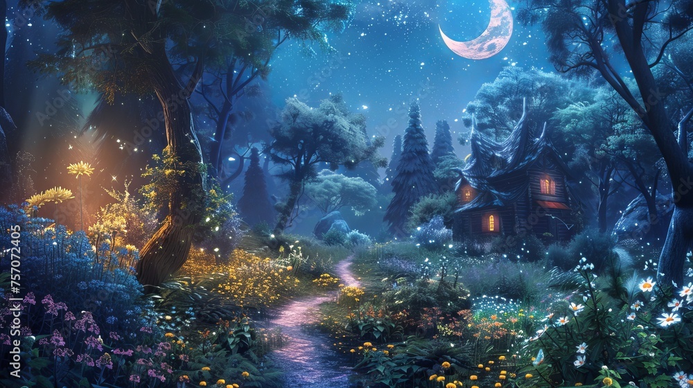 An artistic cartoon image depicting a fantasy world with trees, flowers ...
