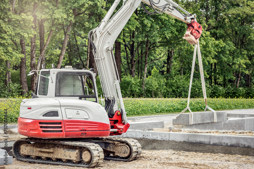 Install Curbs Blocks with Mini Crawler Excavator in City Park Street ...