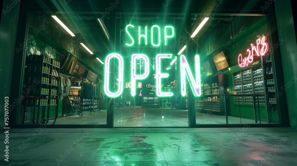 Set against a vibrant emerald green background, the neon letters of ...