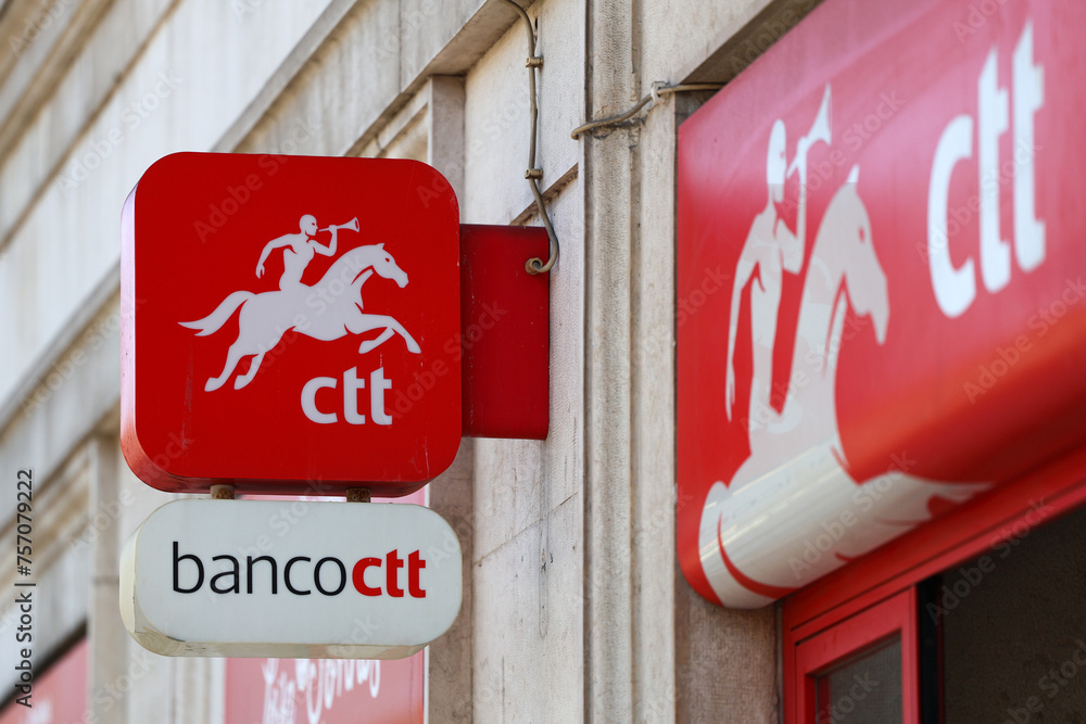 Lisbon, Portugal - 1 March 2024: Banco CTT. The logo sign of CTT Bank ...