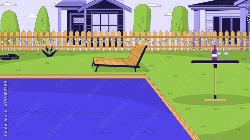 Swimming pool at cottage backyard line 2D animation. Poolside party ...