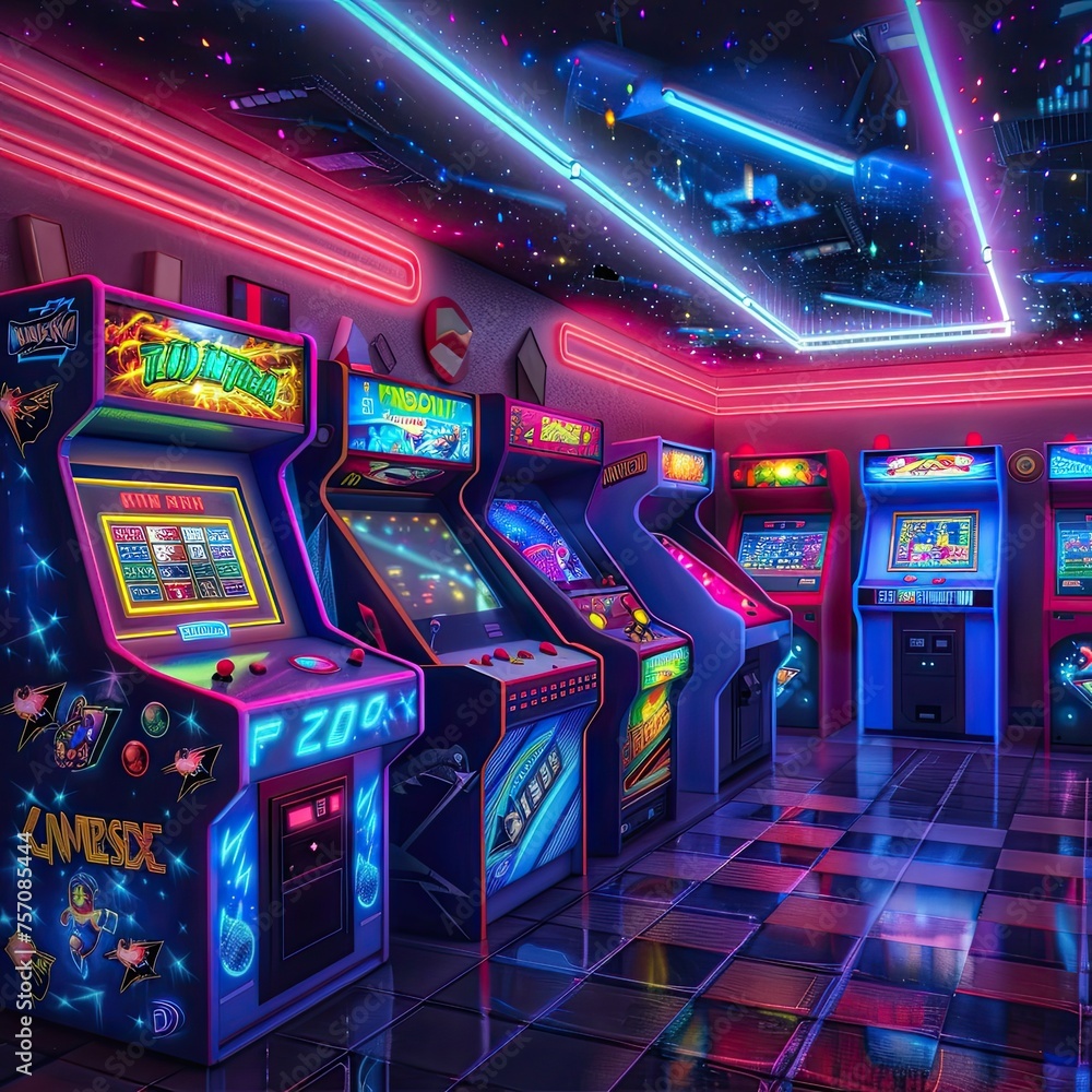 Vintage arcade room with neon lights, abstract pixel art backgrounds, and classic game machines ...