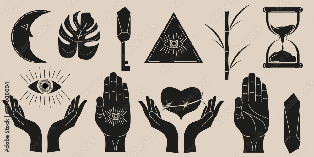 Celestial Magic symbol kit in trendy Grunge retro style. Mystical ...