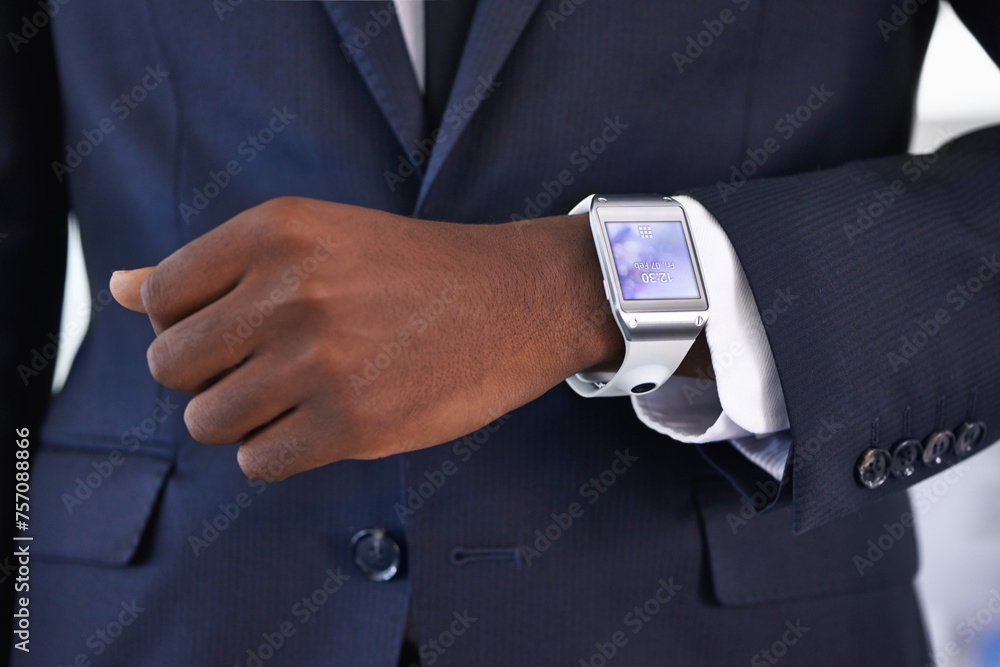 Businessman, wrist and smart watch on arm for online schedule, digital ...
