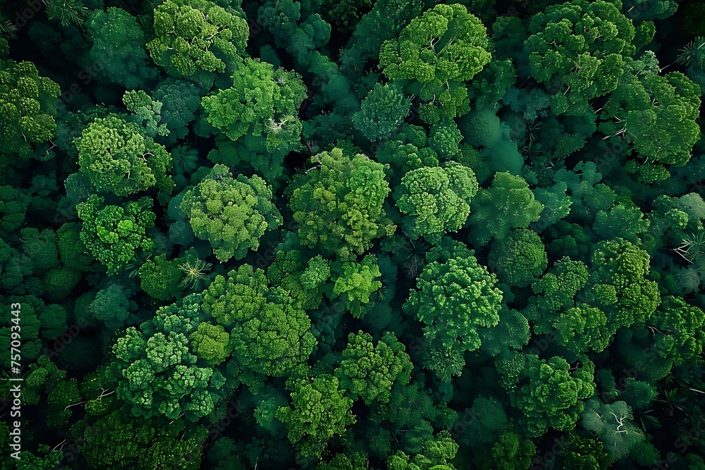 Green trees in a woodland, seen from above. CO2 is captured by a drone ...