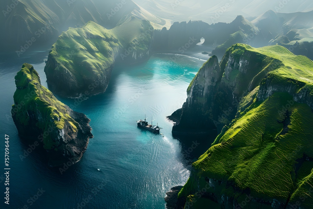Stunning aerial shot of a remote island with verdant cliffs and azure ...