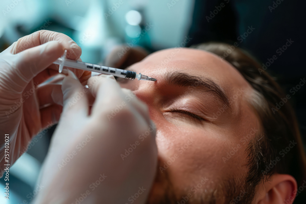 Young beautiful man receives botox injection for facelifting. Male ...