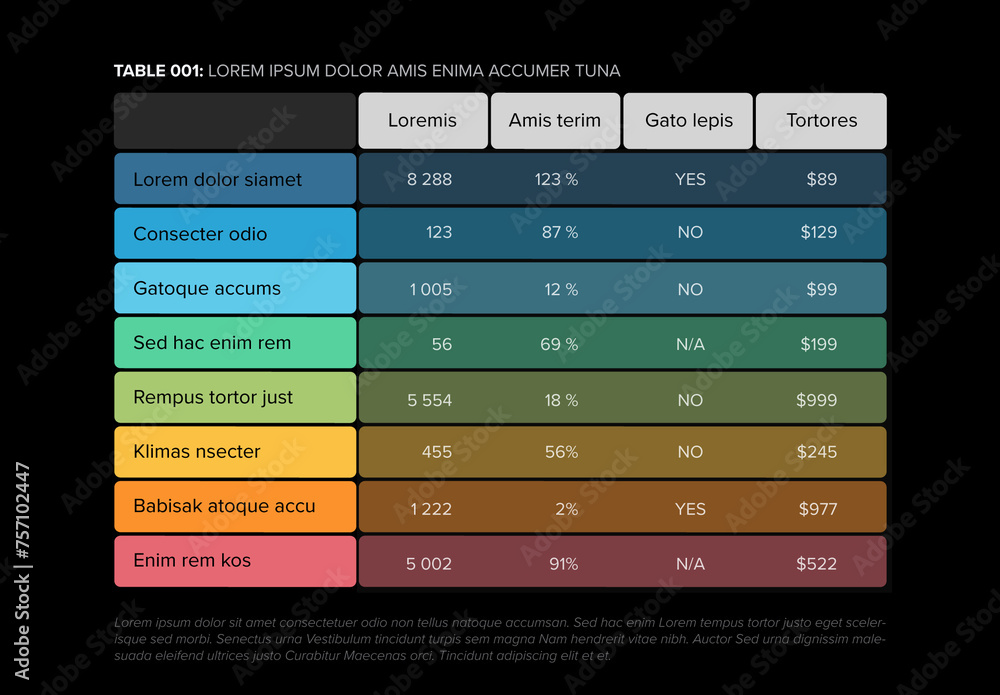Simple stylized rainbow pastel data table layout template on dark ...