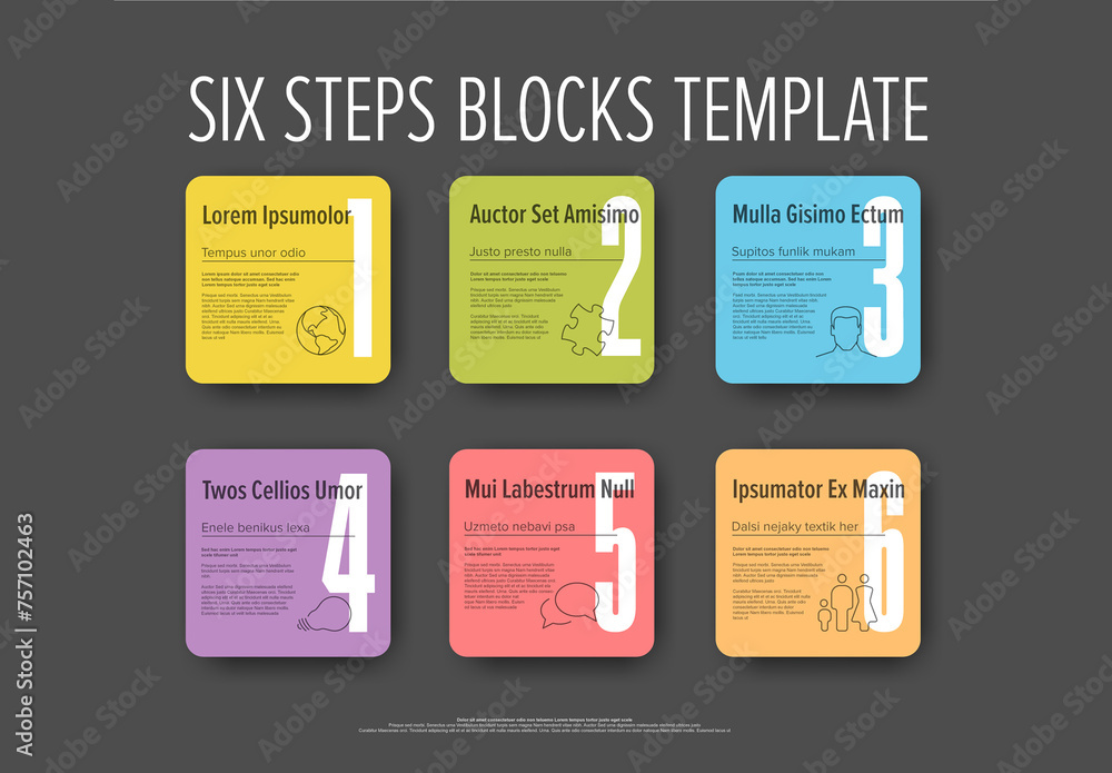 Pastel progress six steps template with big numbers, descriptions and ...