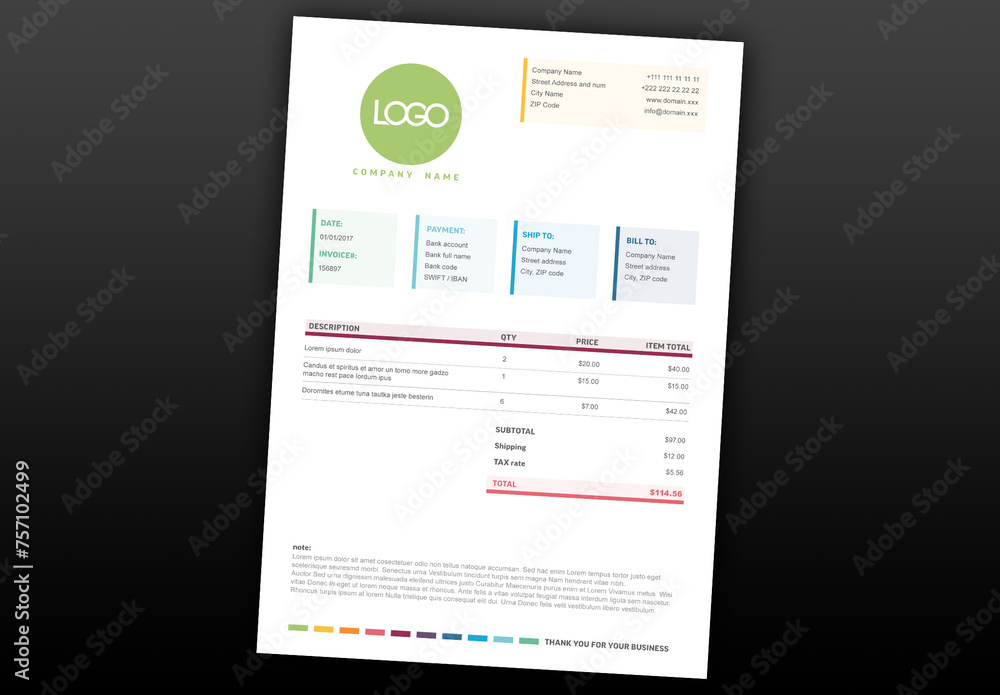 Simple fresh minimalistic color invoice layout design template with ...