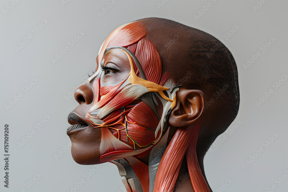 Side view African woman closeup face. Human anatomy, skin and muscles ...