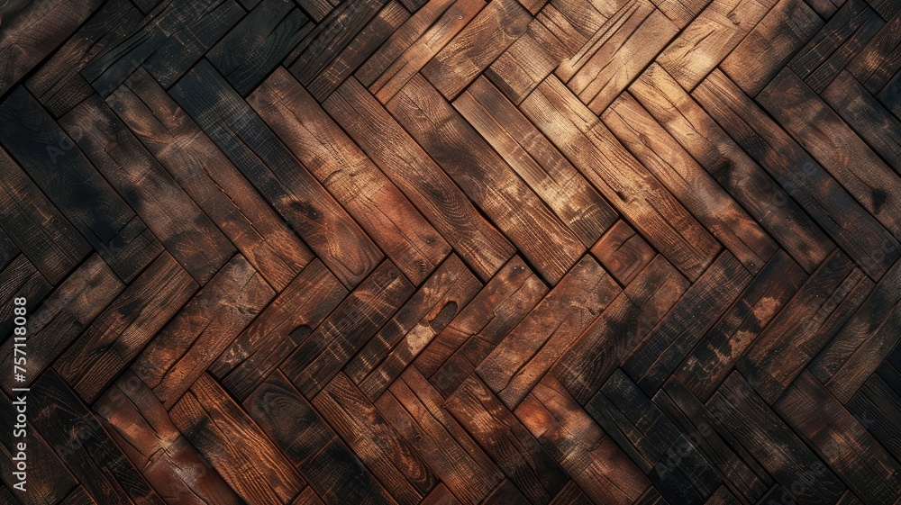 old wooden floorboards arranged in a fishbone pattern from a top-down ...