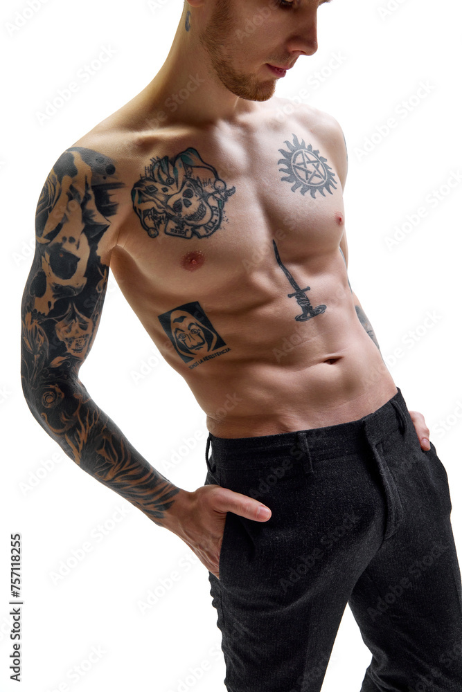 Close up of male model posing shirtless and demonstrating his muscular ...