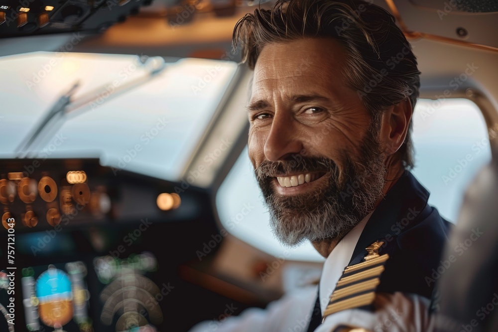 Professional pilot in the cockpit of a modern aircraft, aviation ...