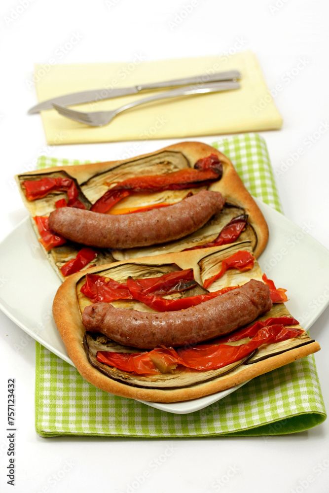 Coca de recapte. Savory pastry with sausage and vegetables. Typical ...