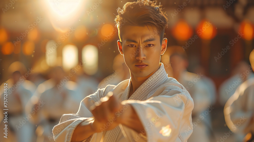 Asian karate martial arts training in a dojo hall. sensei teacher ...