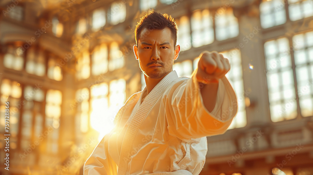 Asian karate martial arts training in a dojo hall. sensei teacher ...