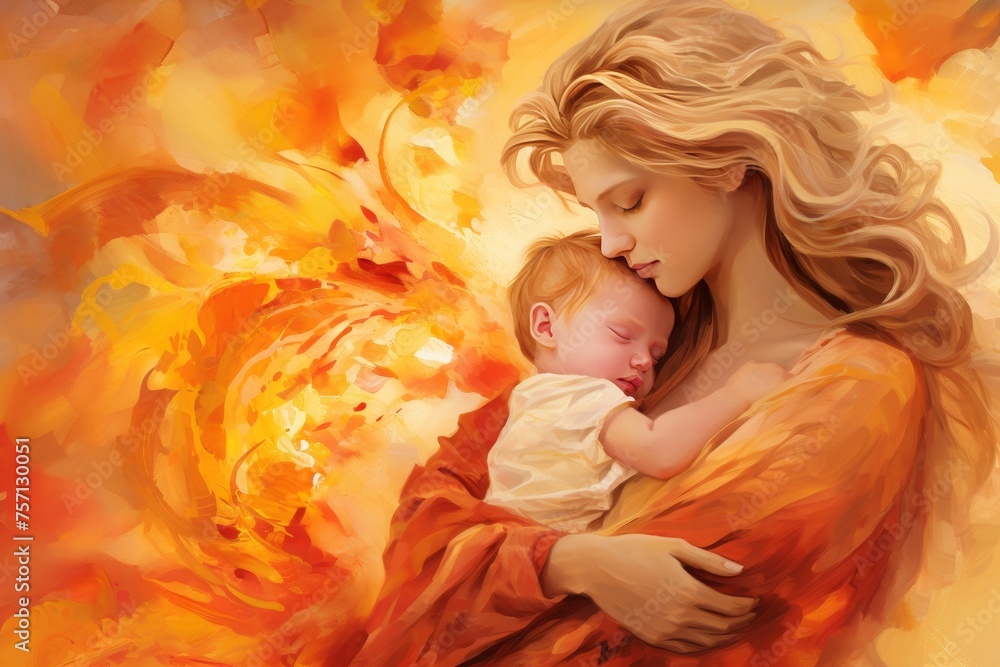 Tender digital artwork of a mother and child embracing tightly ...