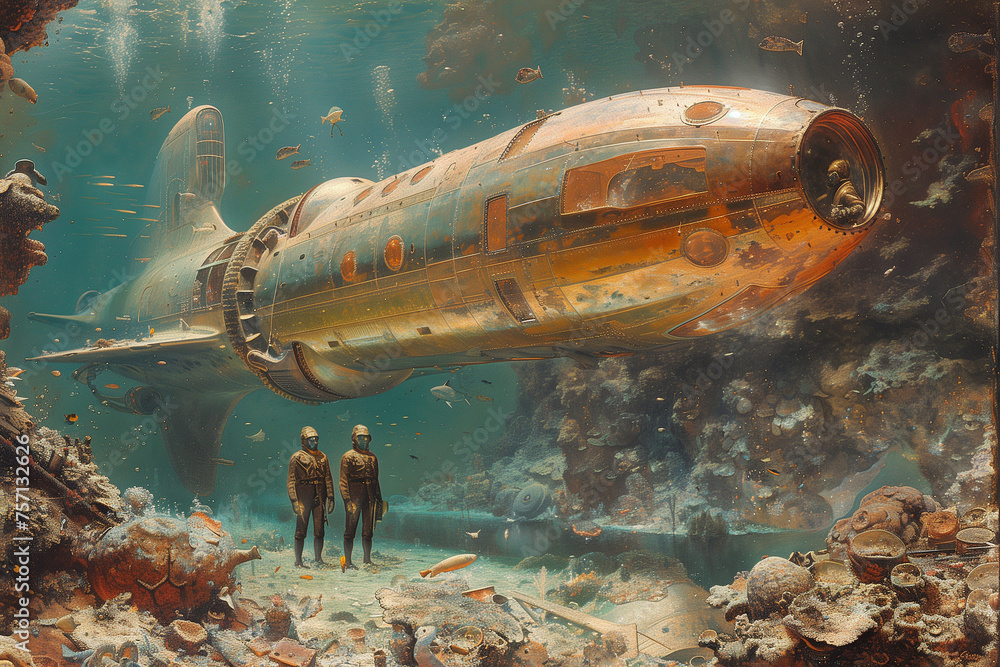 Vintage travel futuristic fantasy: steampunk submarine with explorer ...