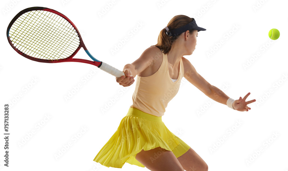 Dynamic portrait of young teen girl, tennis player in sports uniform in ...