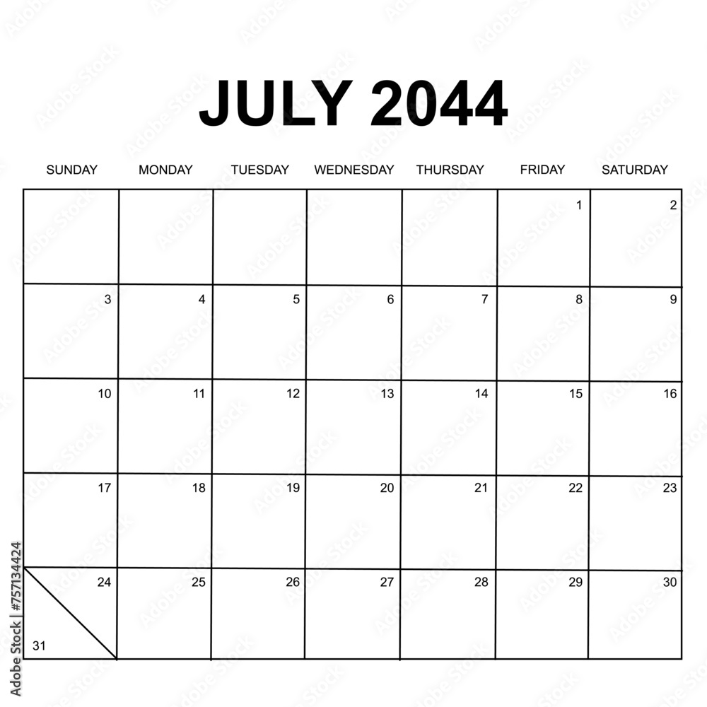 july 2044. monthly calendar design. week starts on sunday. printable ...